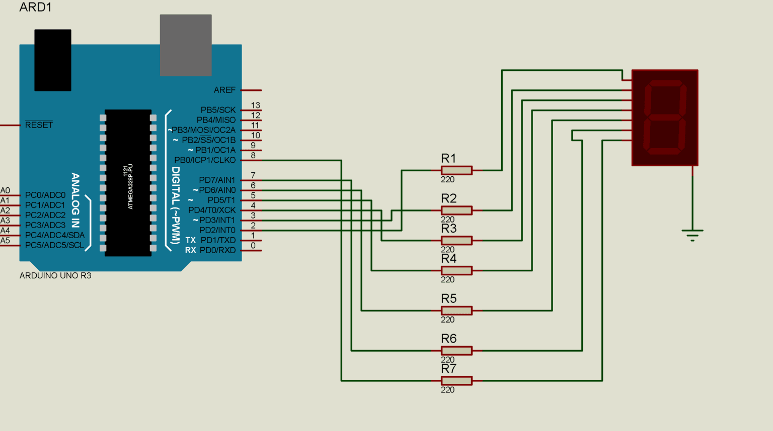 7-Segment Display with Arduino in Proteus