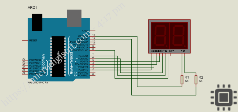 2-Digit 7-Segment Counter (00-99) with Arduino in Proteus