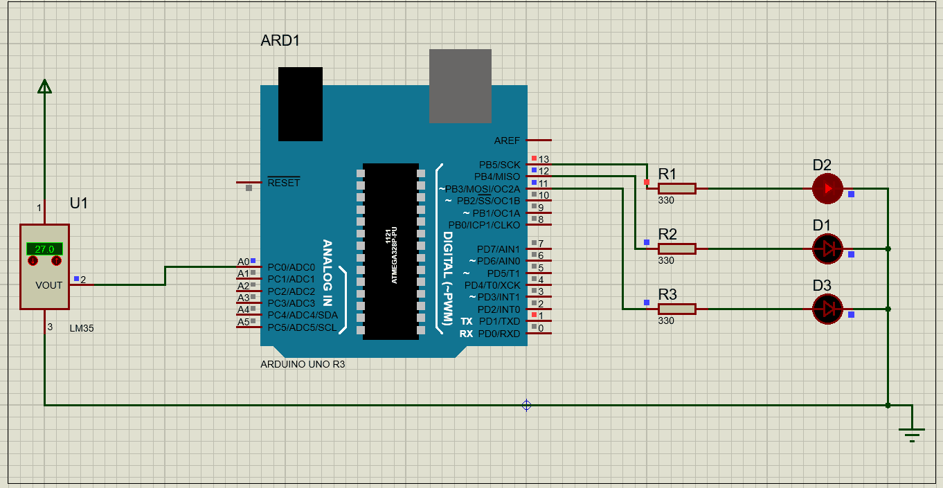 Temperature Indicator using LM35 Sensor in Proteus