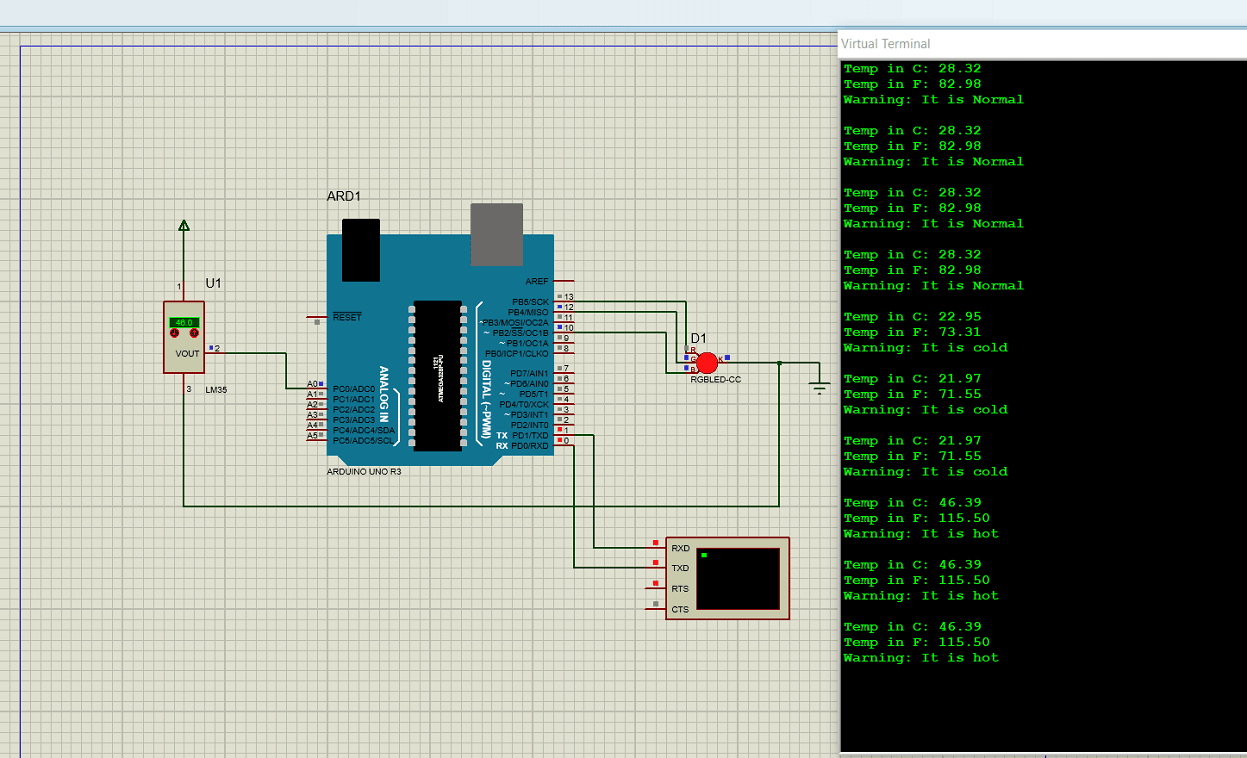 Temperature Indicator Using RGB LED in Proteus