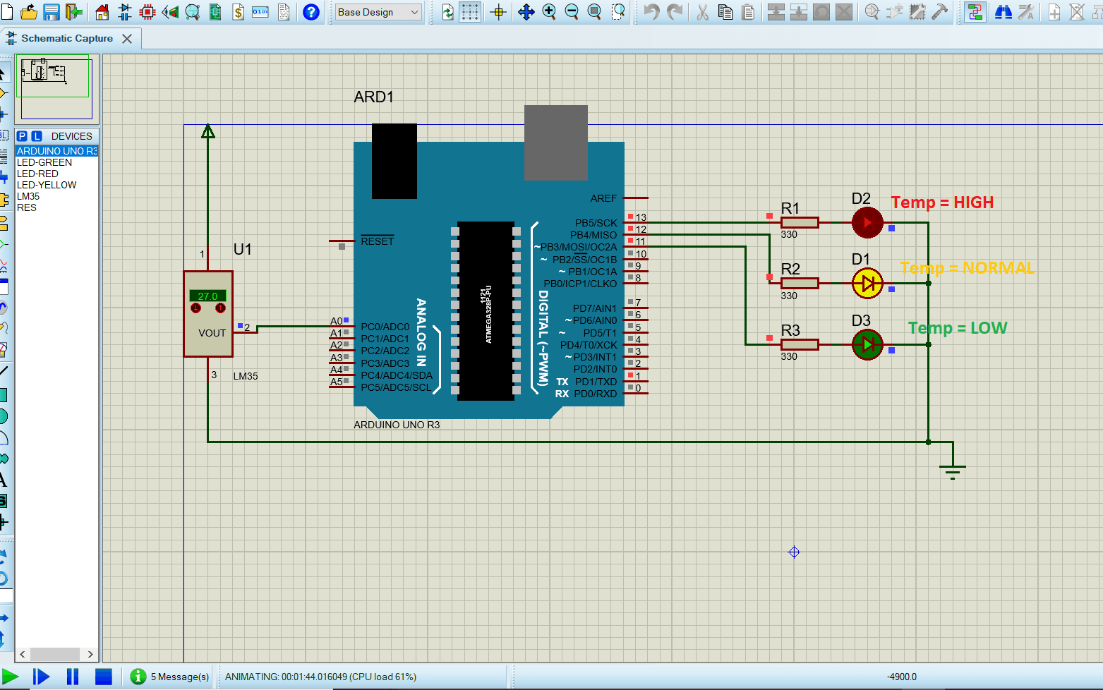 Temperature Indicator using LM35 Sensor in Proteus