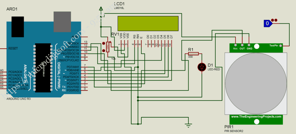 PIR Motion Sensor with LCD and Arduino Board in Proteus