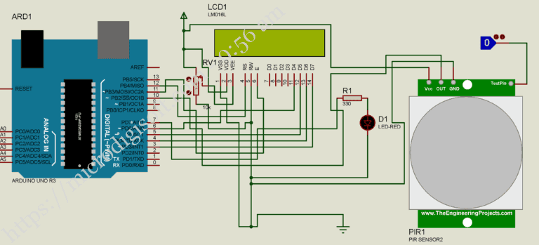 PIR Motion Sensor with LCD and Arduino Board in Proteus