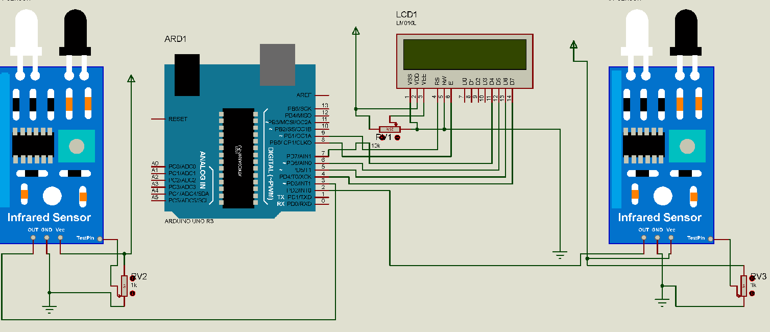 Car Speed Detector with Arduino and IR Sensors in Proteus