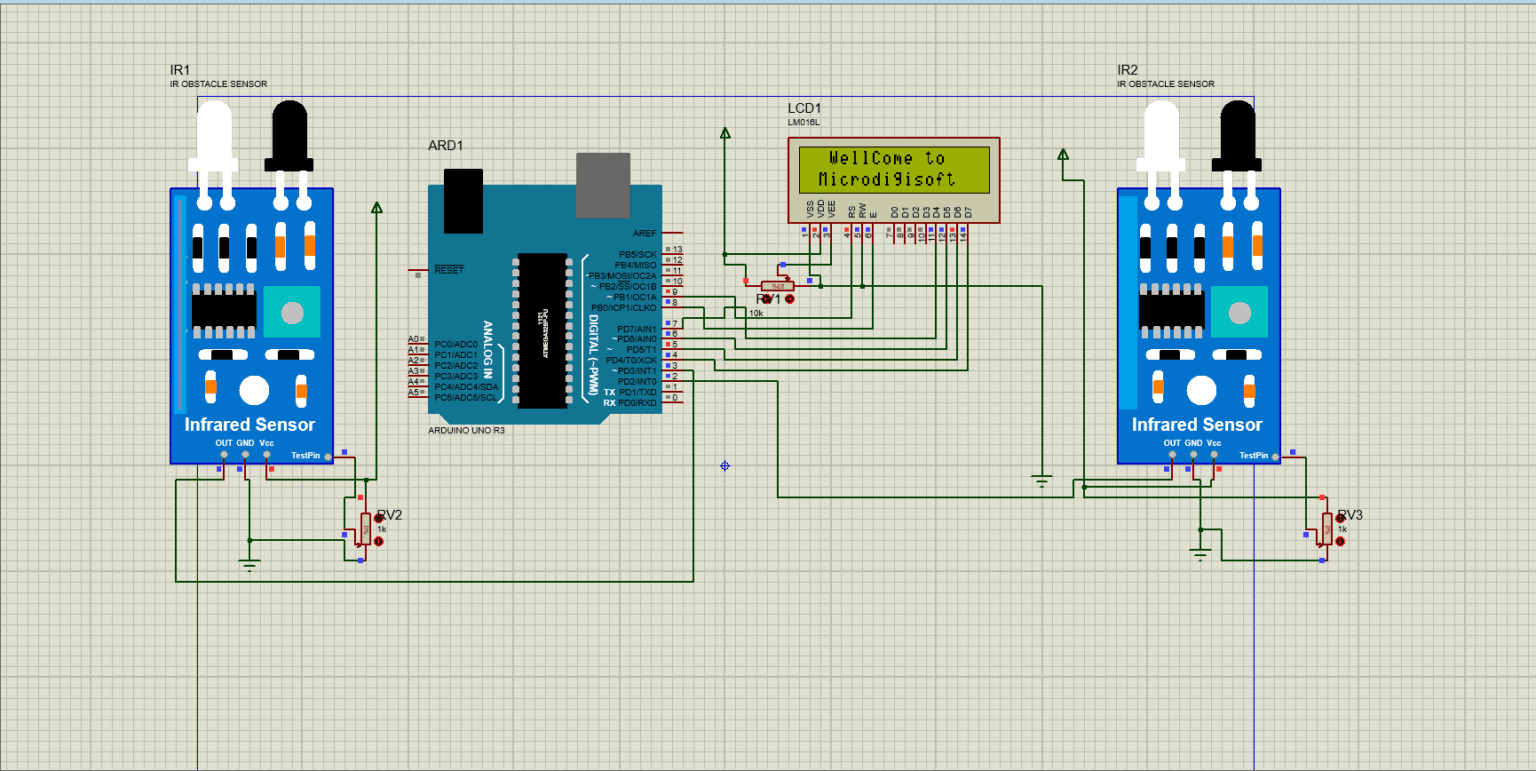 Car Speed Detector with Arduino and IR Sensors in Proteus
