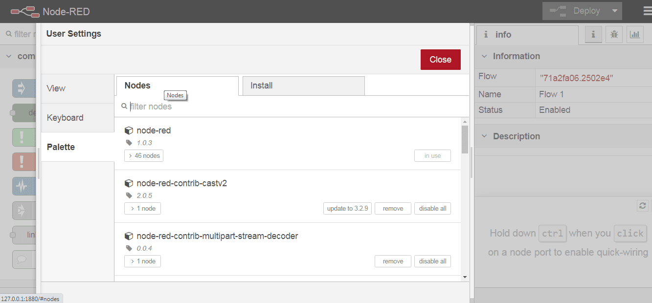 Node-Red : Adding nodes using Palette Manager Raspberry PI
