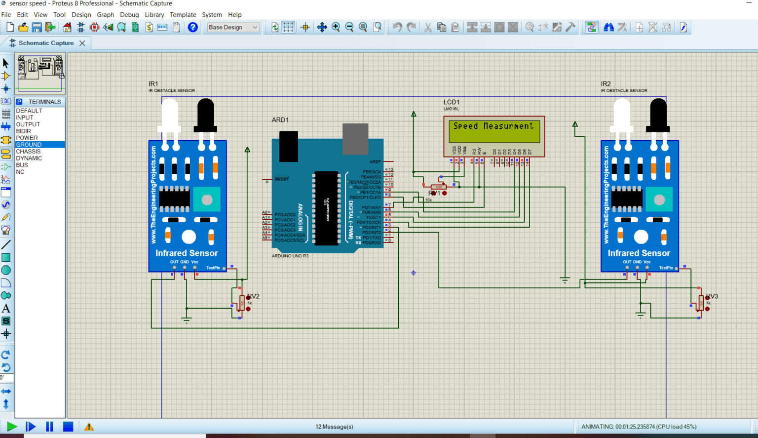 Car Speed Detector with Arduino and IR Sensors in Proteus