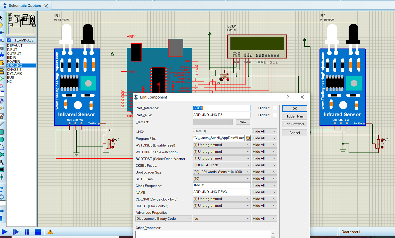 Car Speed Detector with Arduino and IR Sensors in Proteus