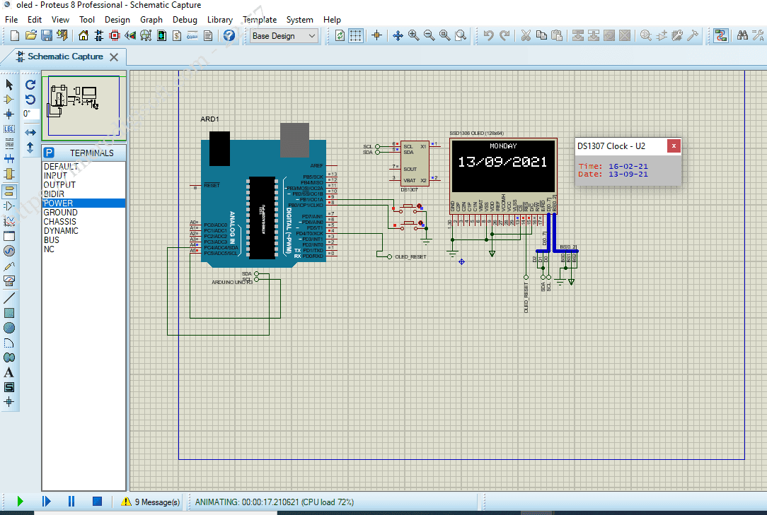 Arduino DS1307RTC and SSD1306 OLED display in Proteus