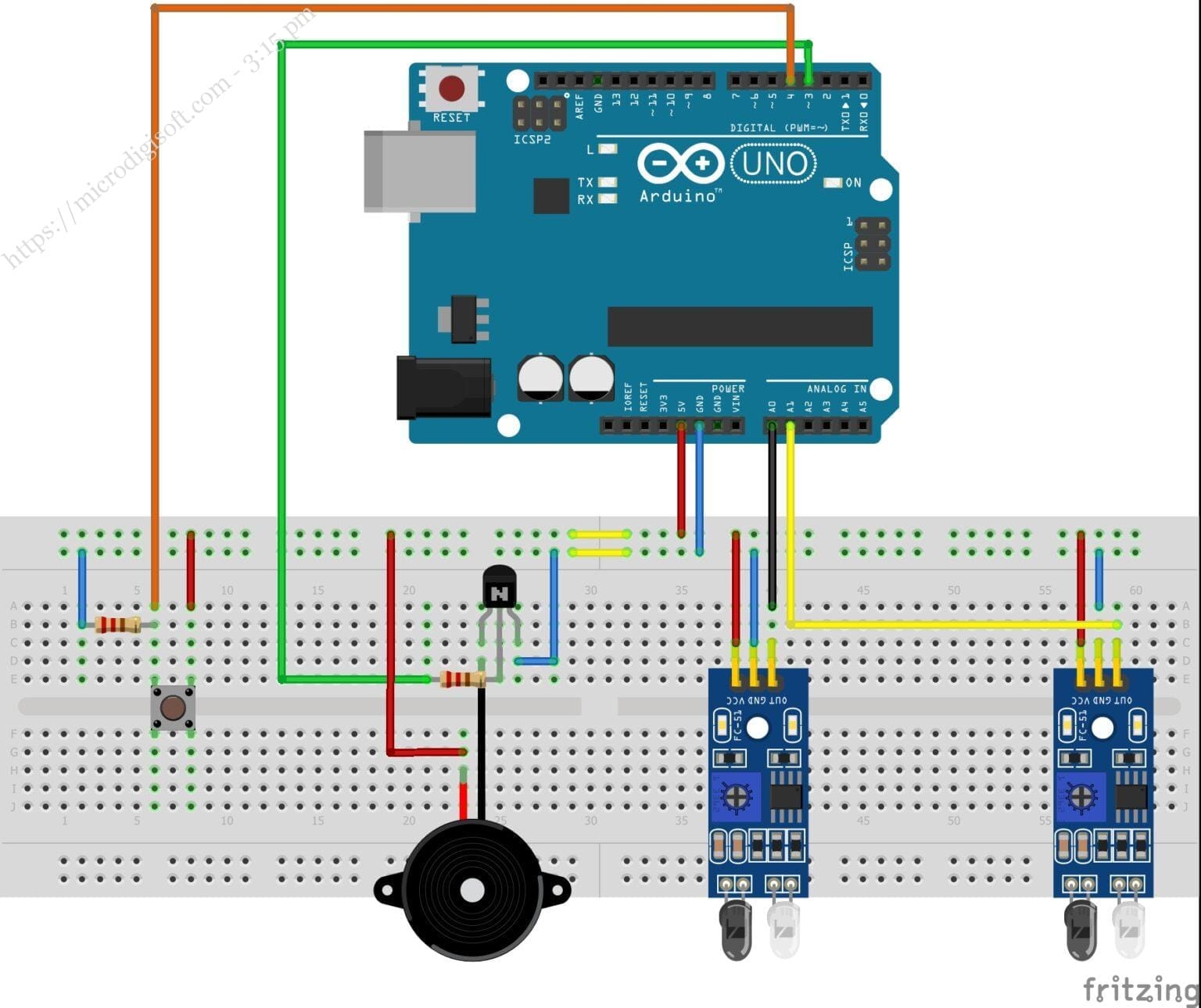 Door alarm circuit using IR sensor and Arduino board