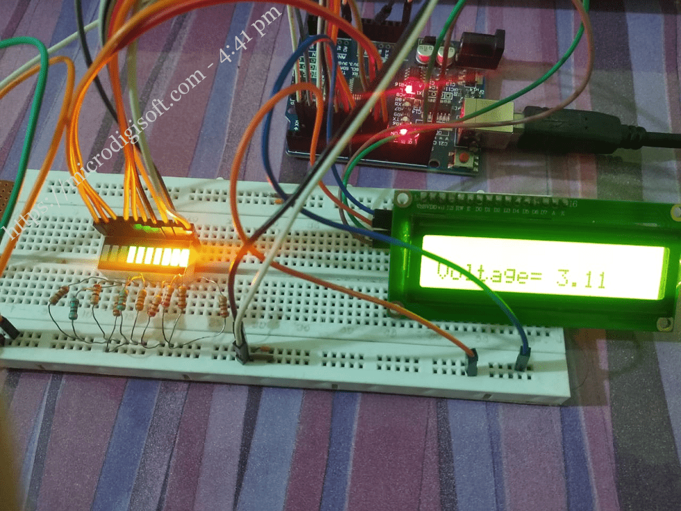 Arduino Based Voltmeter Using Bar Led And 16×2 Lcd Display