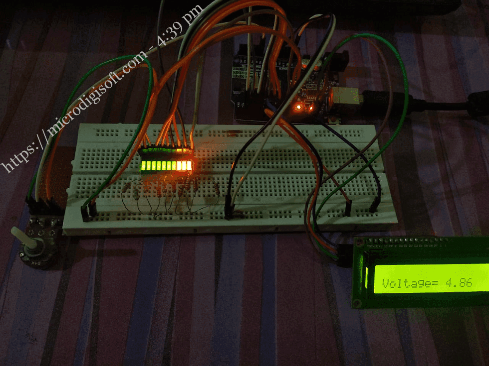 Arduino Based Voltmeter Using Bar Led And 16x2 Lcd Display