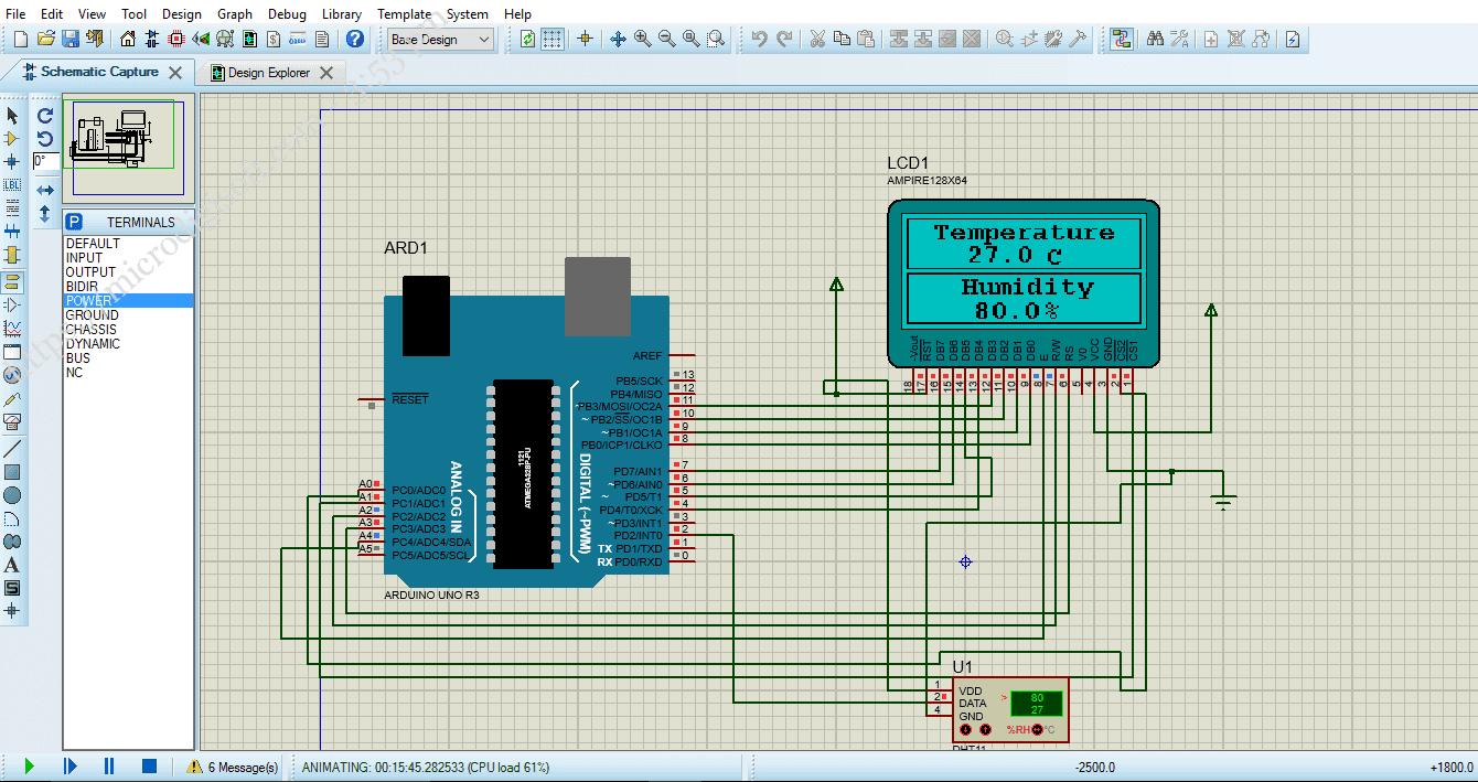 Arduino DHT11 with 128x64 Graphical LCD (GLCD) in Proteus