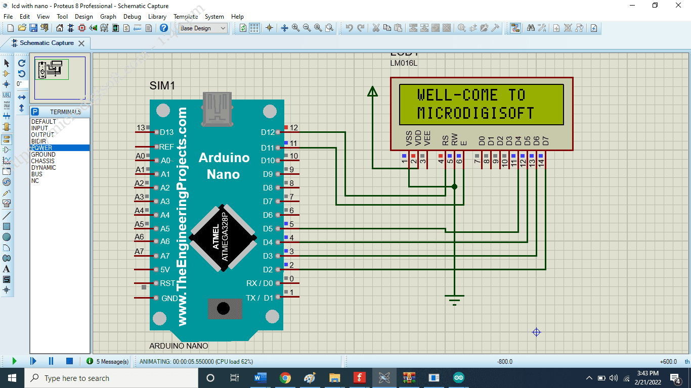 Interfacing LCD with Arduino Nano on Proteus
