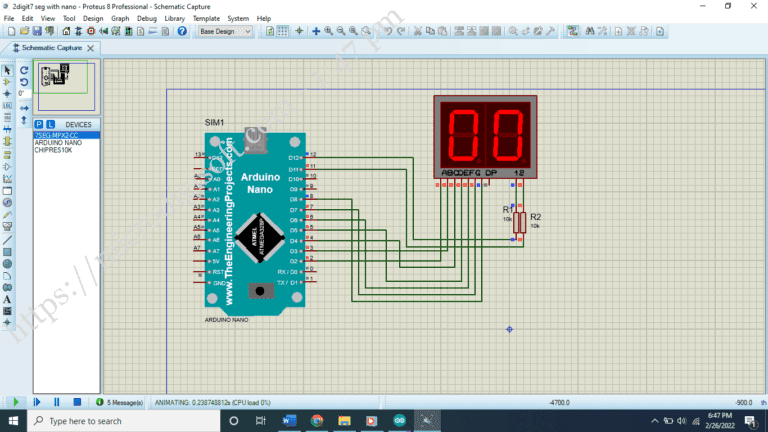 Interfacing 2-Digit 7-Segment with Arduino Nano in Proteus.
