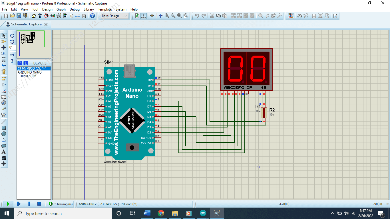 Interfacing 2 Digit 7 Segment With Arduino Nano In Proteus