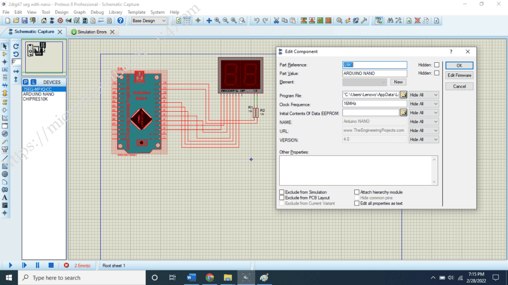 Interfacing 2 Digit 7 Segment With Arduino Nano In Proteus