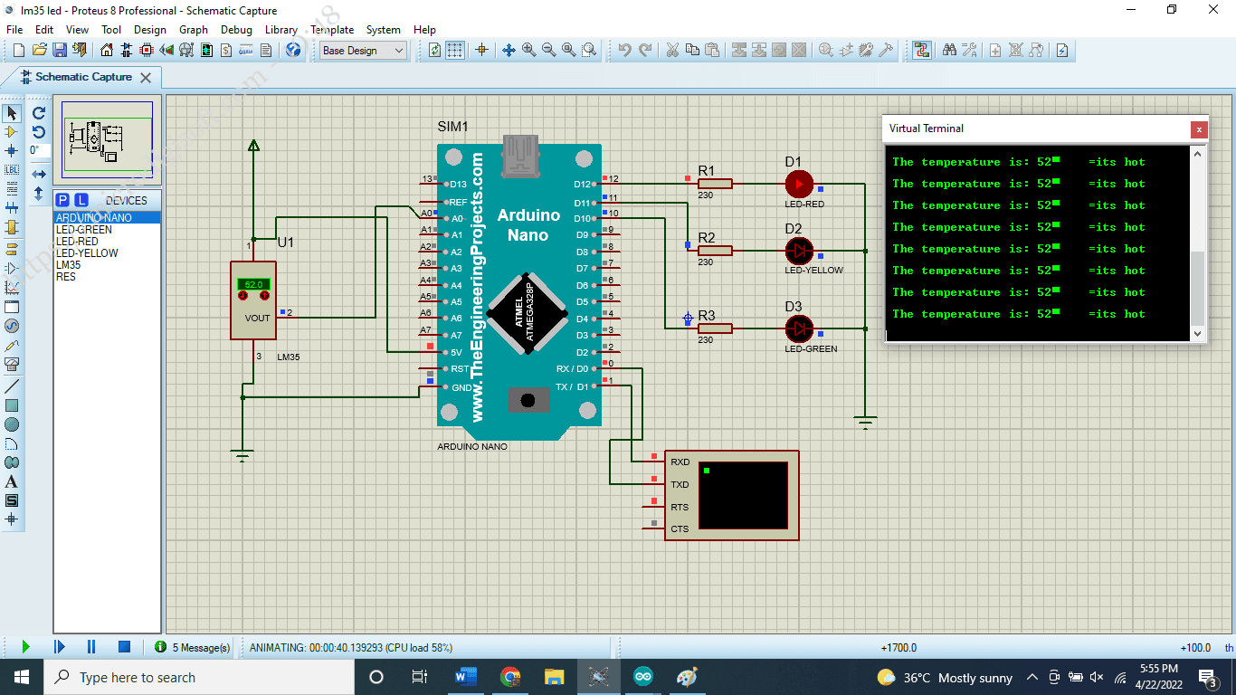 Temperature Indicator With Lm35 Sensor In Proteus